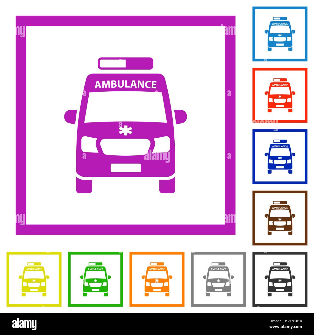 Ambulance car front view flat color icons in square frames on white ...