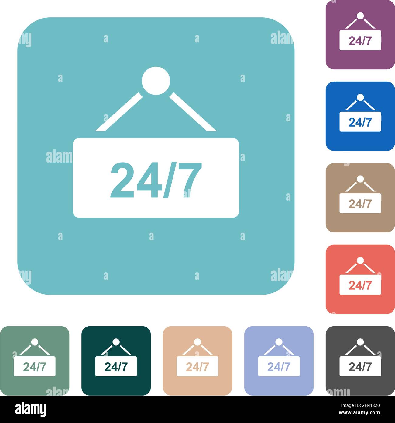 hanging table with 24h seven days a week white flat icons on color rounded square backgrounds ...