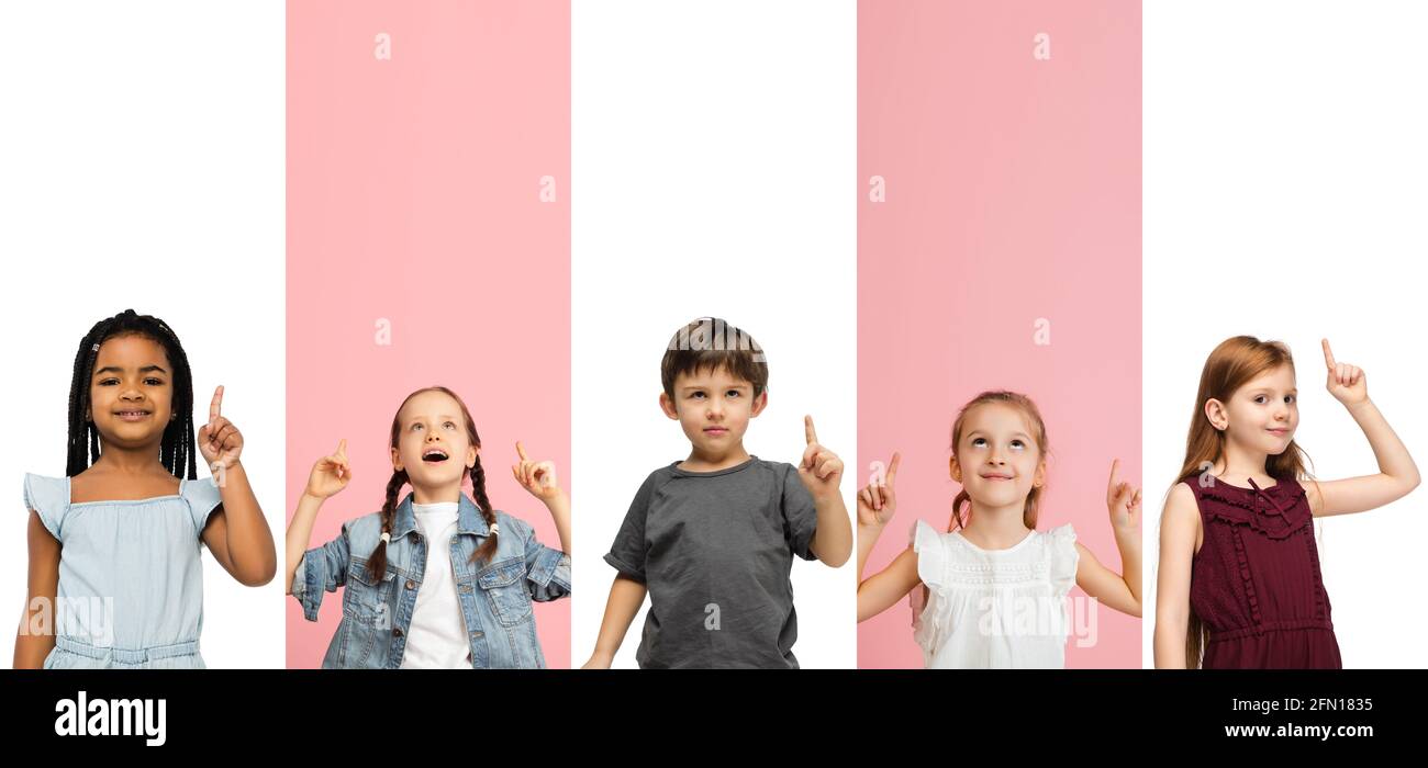 Art collage made of portraits of little and happy kids isolated on ...