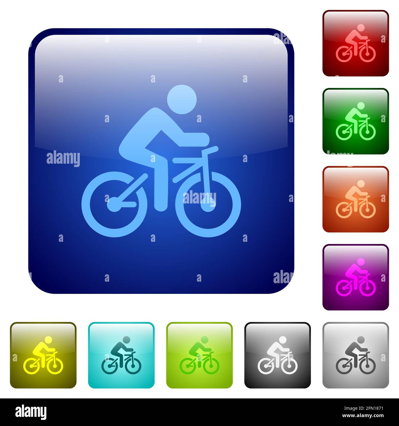 Bicycle with rider icons in rounded square color glossy button set ...