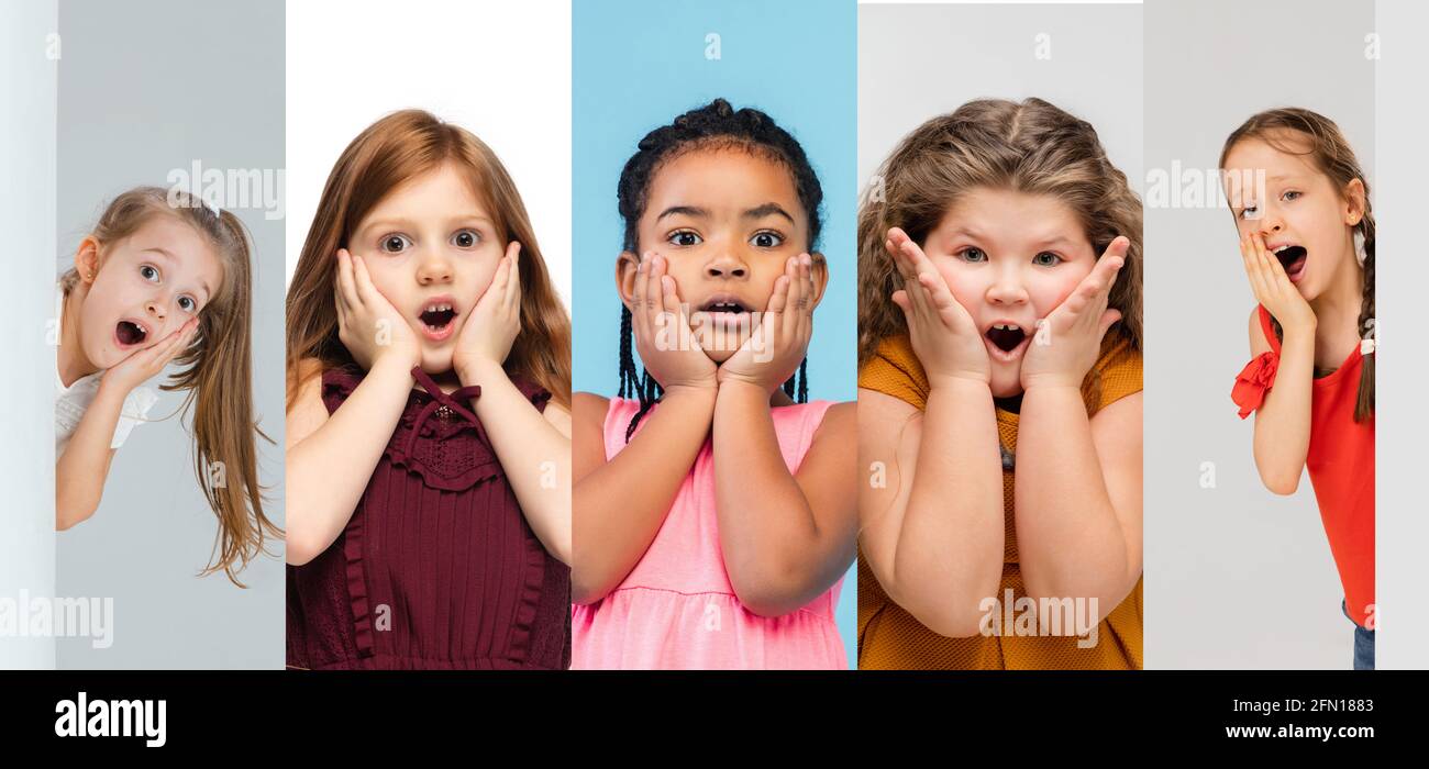 Art collage made of portraits of little and happy kids isolated on ...