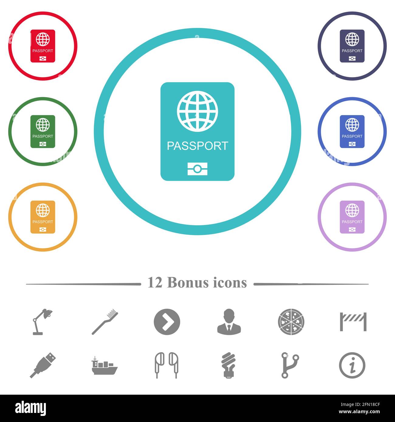 Passport flat color icons in circle shape outlines. 12 bonus icons ...