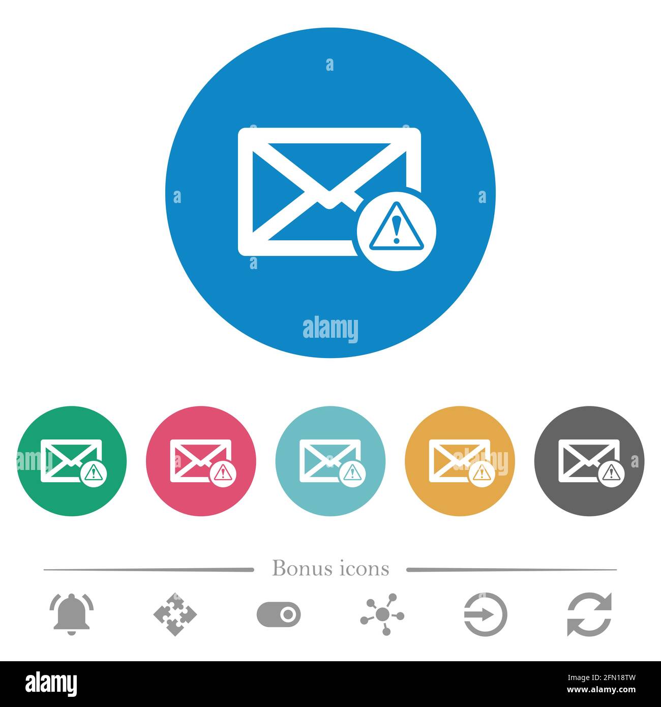 Mail warning flat white icons on round color backgrounds. 6 bonus icons ...