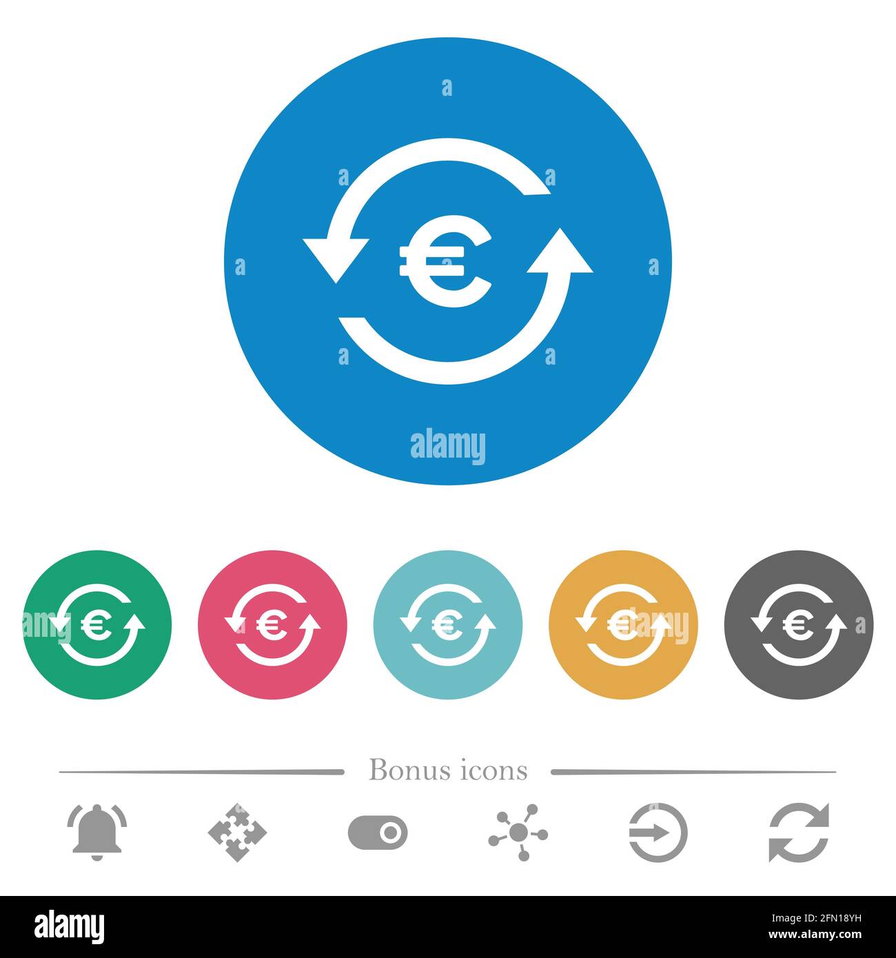 Euro pay back flat white icons on round color backgrounds. 6 bonus ...