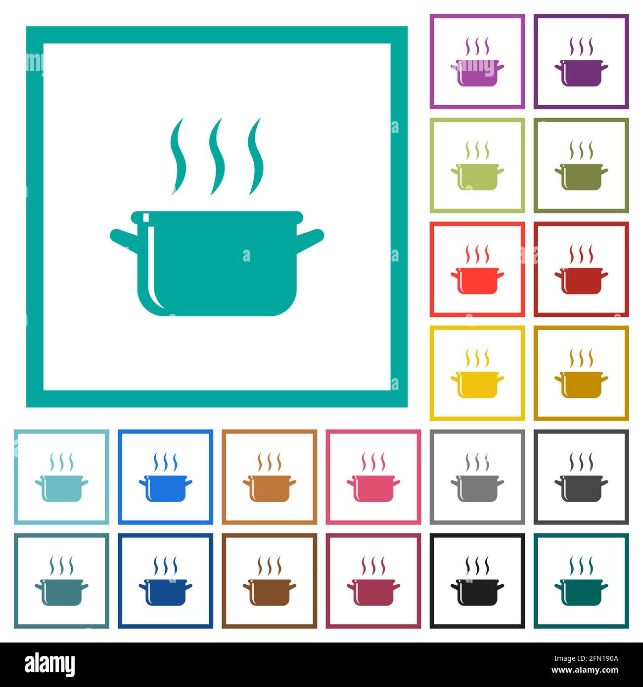 Steaming glossy pot flat color icons with quadrant frames on white ...