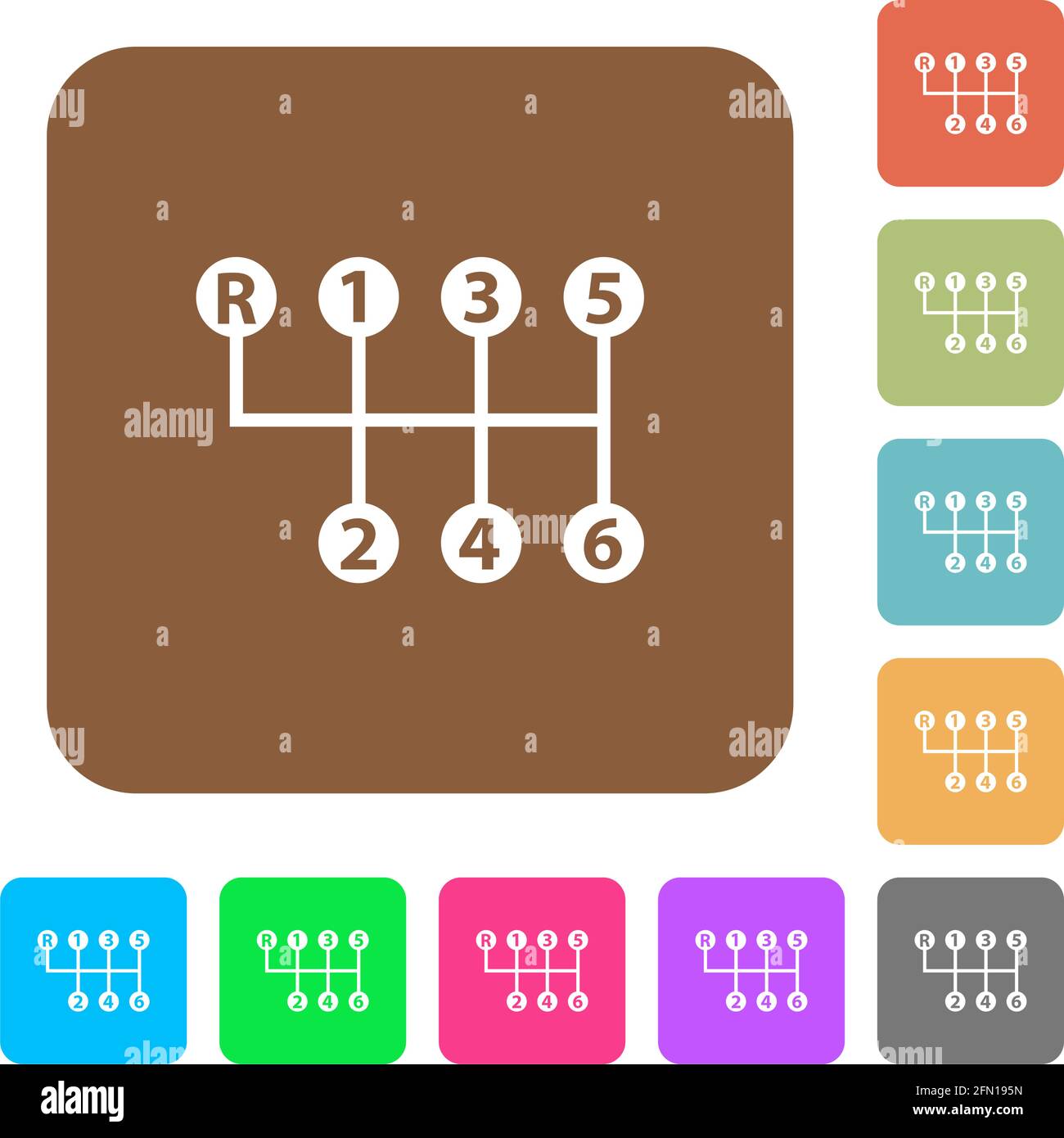 Six speed manual gear shift flat icons on rounded square vivid color ...