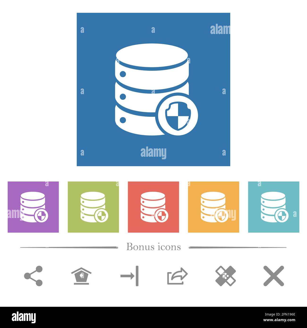 Database protection flat white icons in square backgrounds. 6 bonus ...