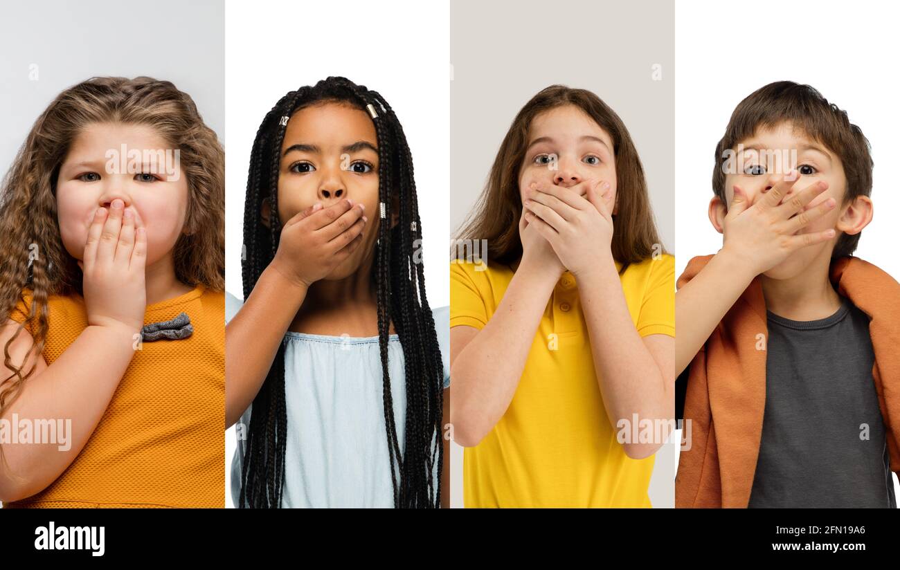 Art collage made of portraits of little and happy kids isolated on ...