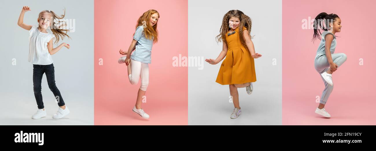 Art collage made of portraits of little and happy kids isolated on ...