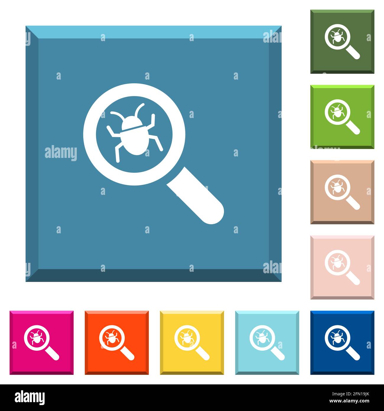 Bug tracking white icons on edged square buttons in various trendy colors Stock Vector Image ...