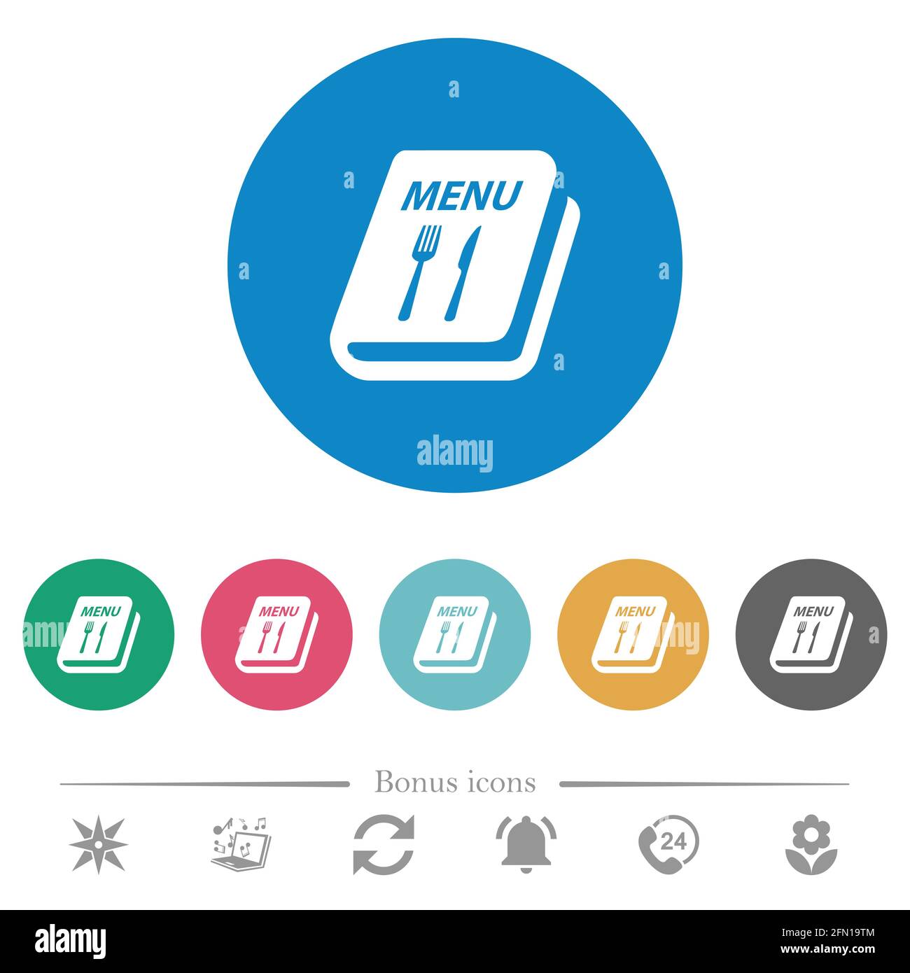 Menu with fork and knife flat white icons on round color backgrounds. 6 ...
