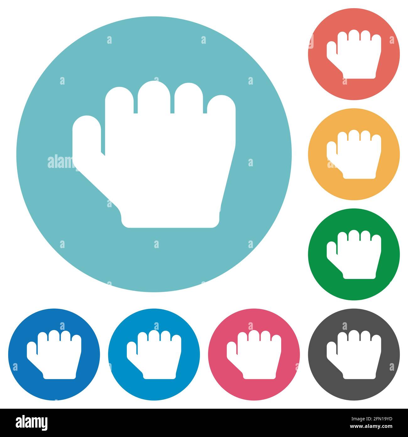 Right handed grab gesture flat white icons on round color backgrounds ...
