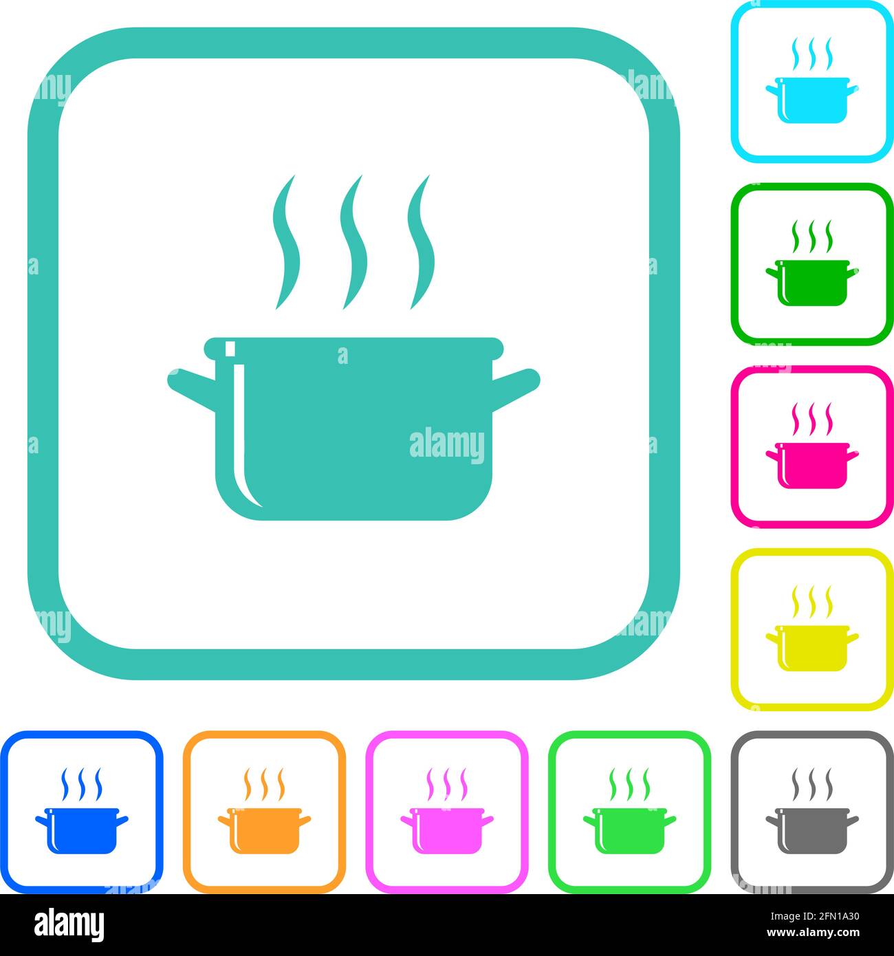 Steaming glossy pot vivid colored flat icons in curved borders on white ...