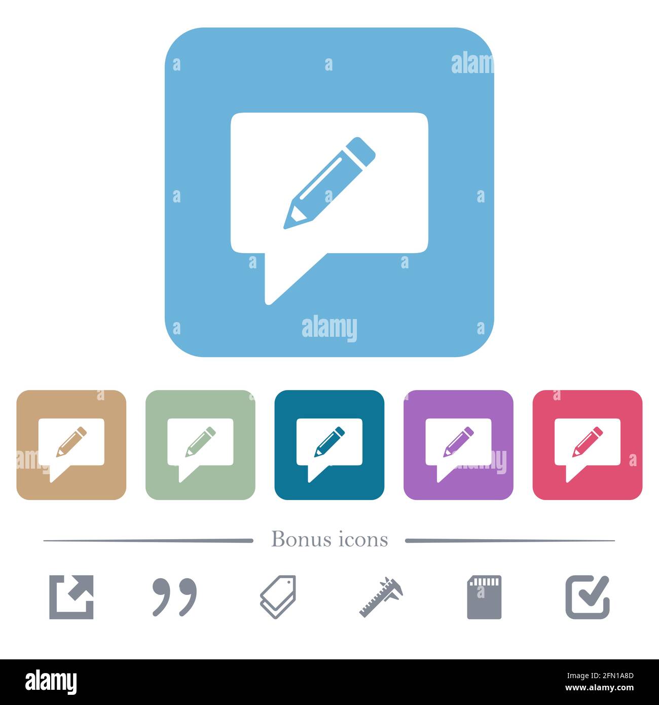 writing comment white flat icons on color rounded square backgrounds. 6 ...
