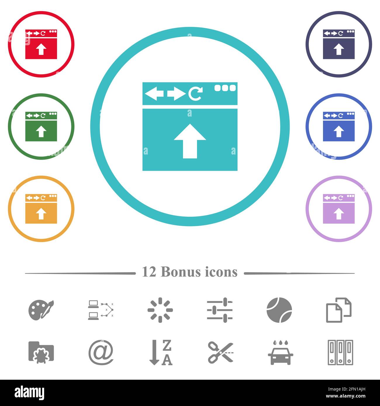 Browser scroll up flat color icons in circle shape outlines. 12 bonus ...