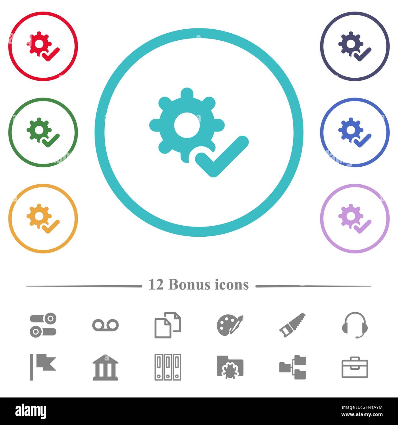 Settings ok flat color icons in circle shape outlines. 12 bonus icons ...