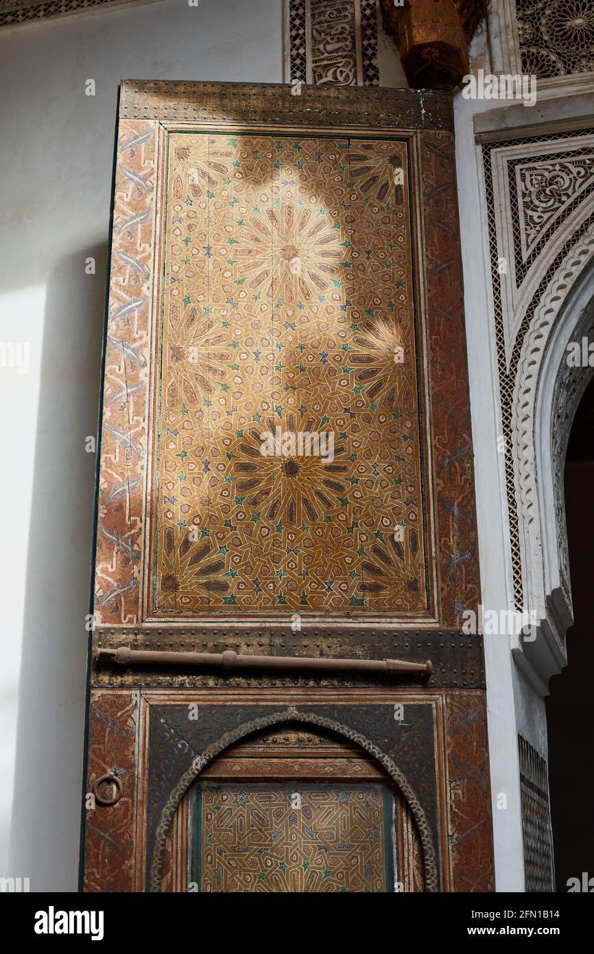 Door decorated with arabesque in the El Bahia Palace. It is visited by ...