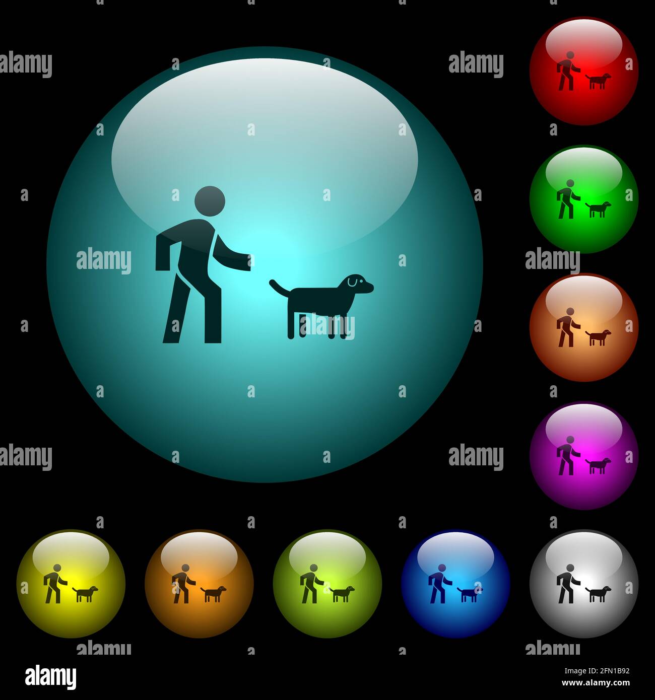 Dog walking icons in color illuminated spherical glass buttons on black ...