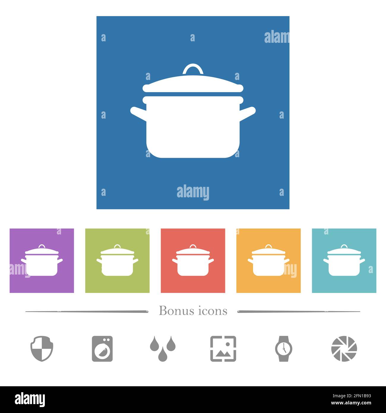 Pot with lid flat white icons in square backgrounds. 6 bonus icons ...