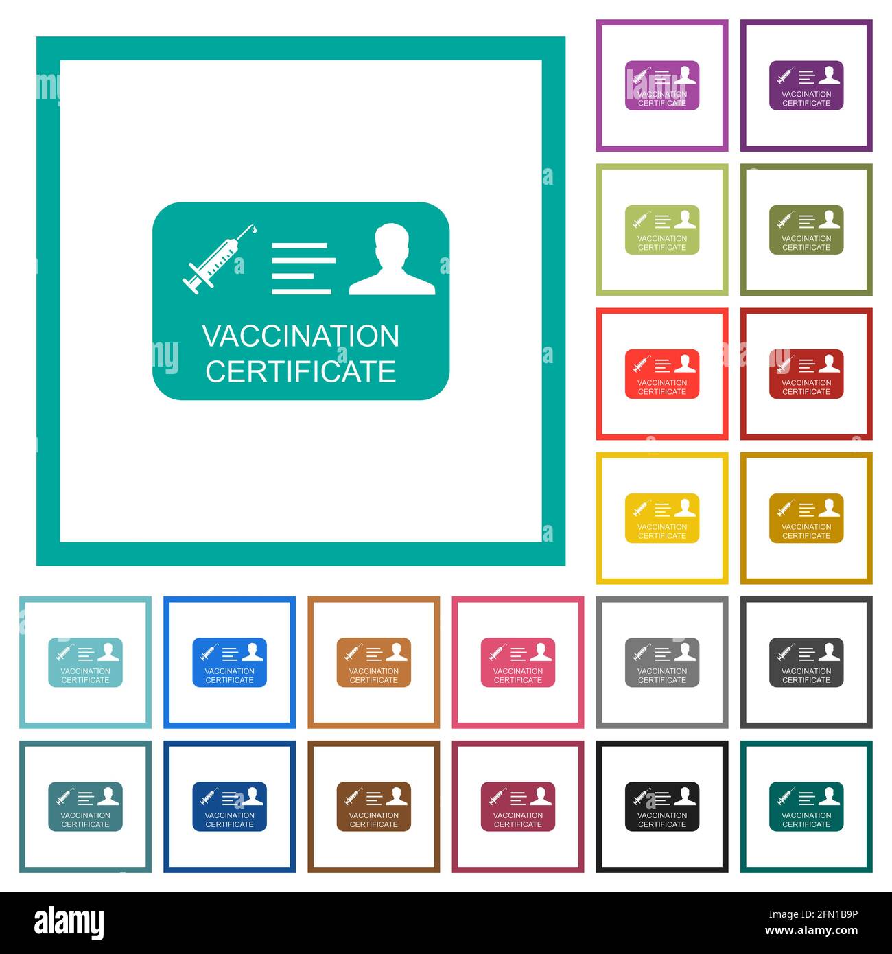 Vaccination certificate flat color icons with quadrant frames on white ...