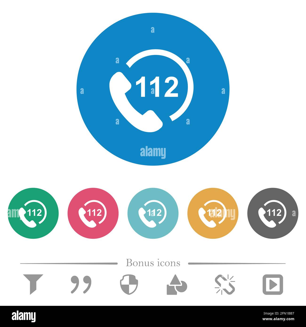 Emergency call 112 flat white icons on round color backgrounds. 6 bonus ...