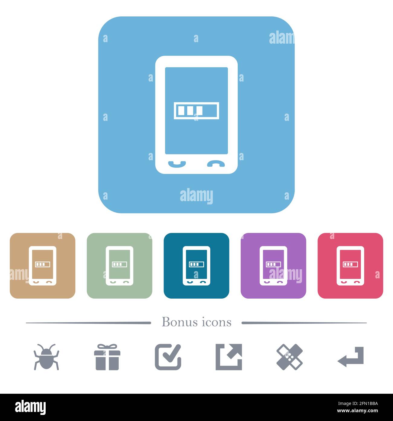 Mobile processing white flat icons on color rounded square backgrounds ...