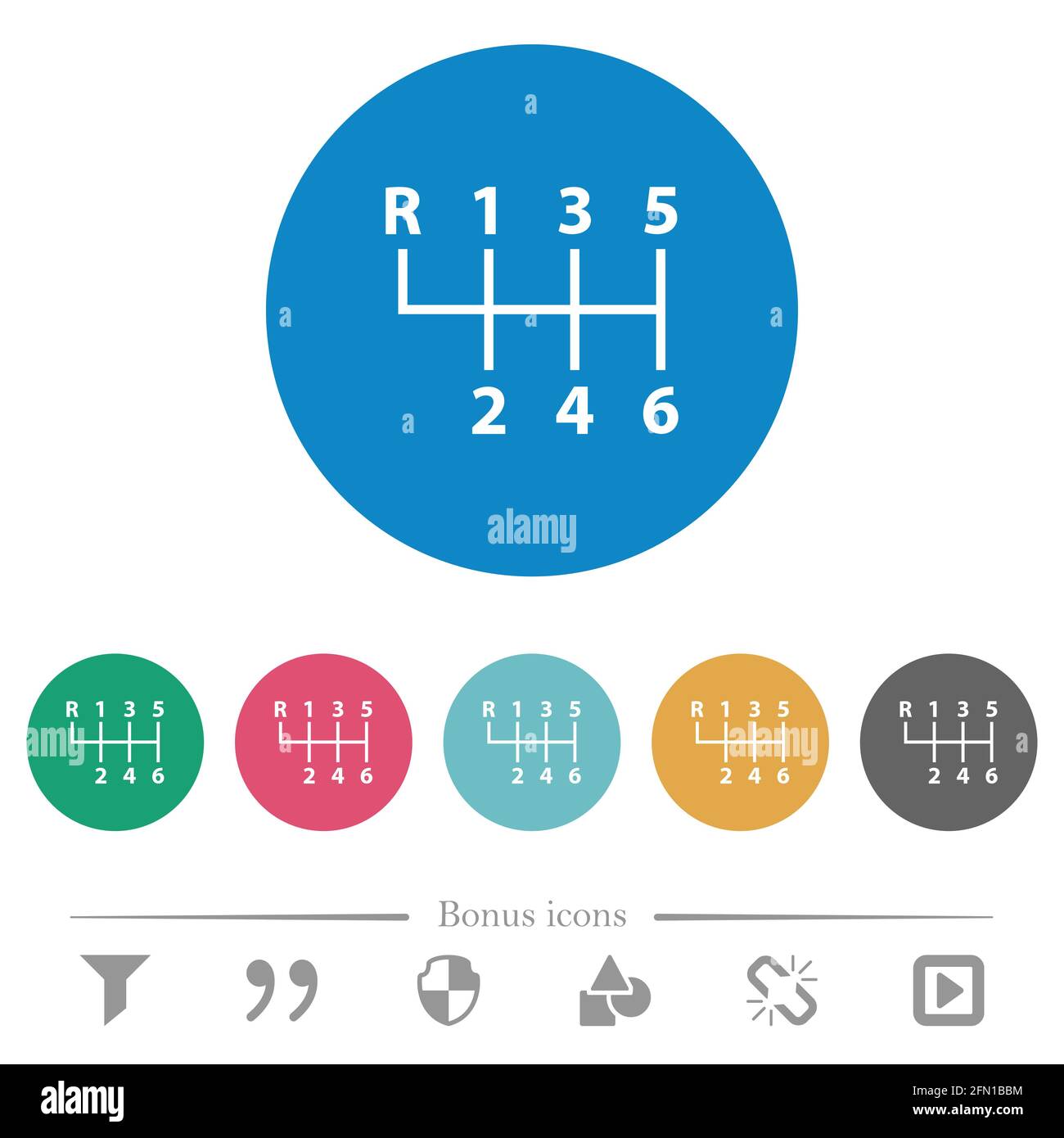Six speed manual gear shift flat white icons on round color backgrounds ...