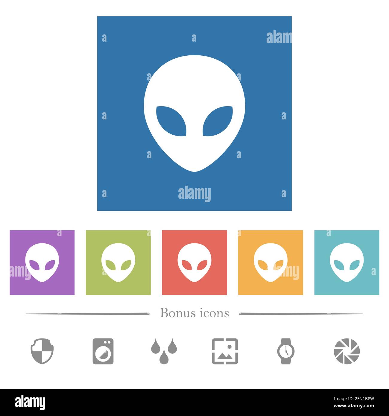 Alien head flat white icons in square backgrounds. 6 bonus icons ...