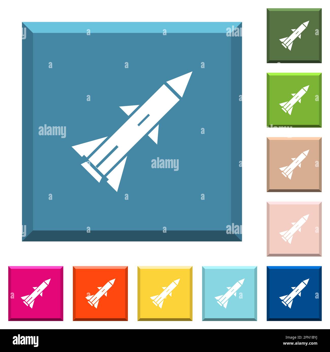 Ballistic missile white icons on edged square buttons in various trendy ...