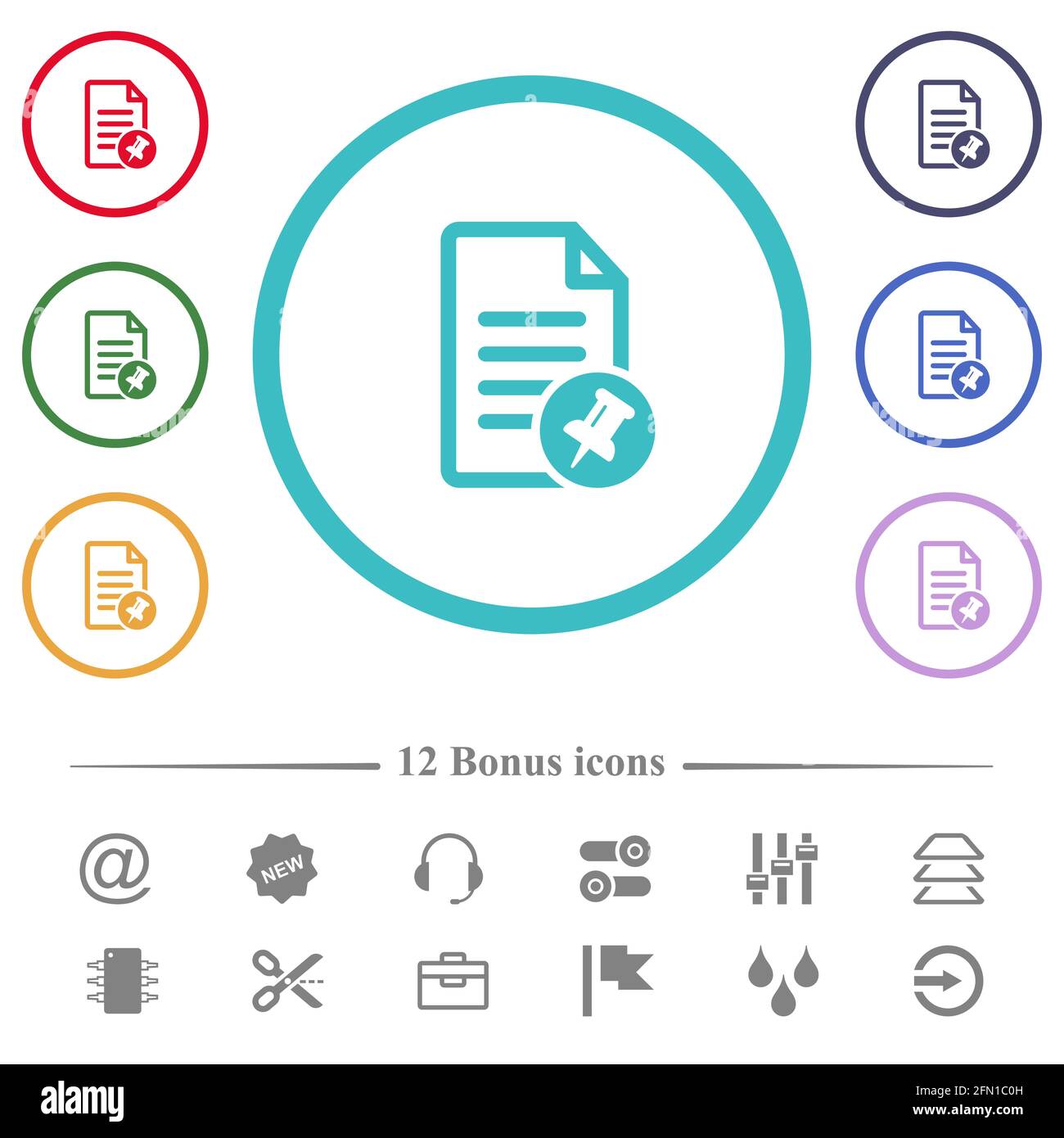 Pin document flat color icons in circle shape outlines. 12 bonus icons ...