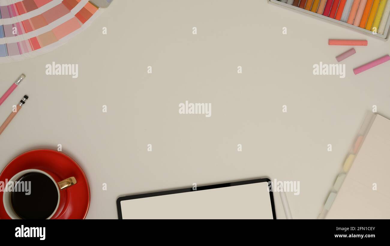 Top view of mock up scene with copy space, coffee cup, tablet and paint ...
