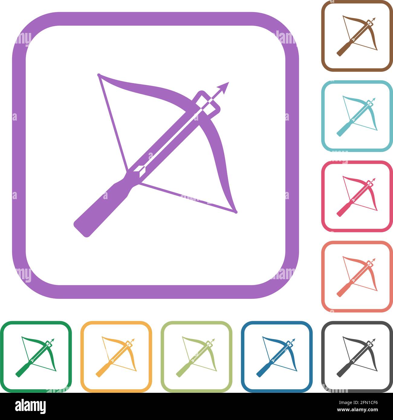 Crossbow with arrow simple icons in color rounded square frames on ...