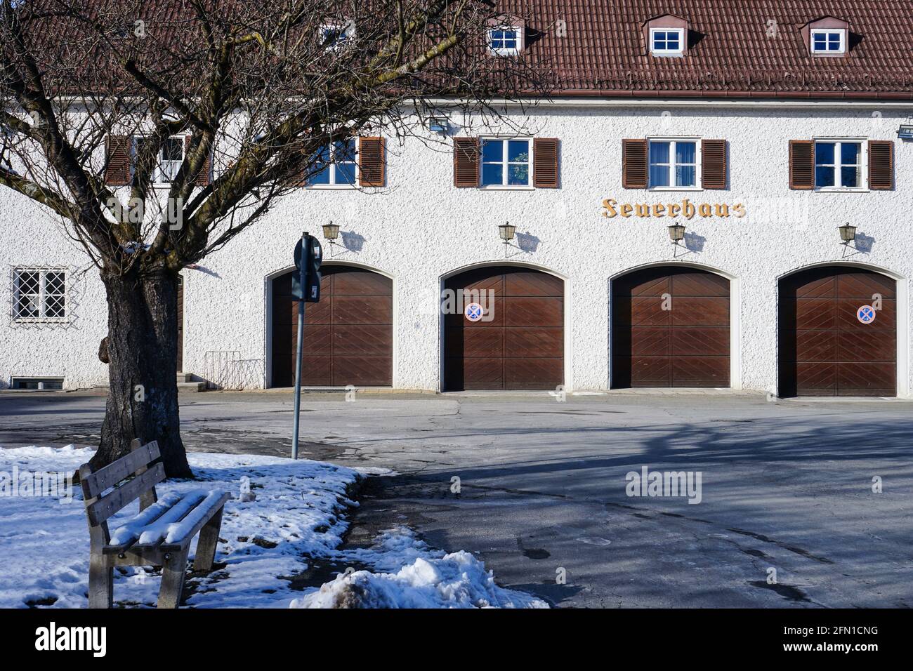 Fire station,a firefighters house. in a small town In the foreground a ...