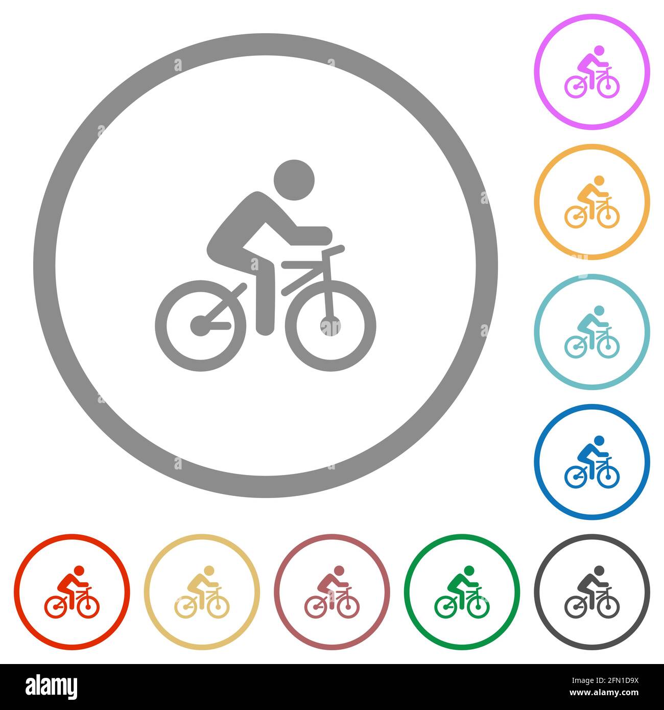 Bicycle with rider flat color icons in round outlines on white ...