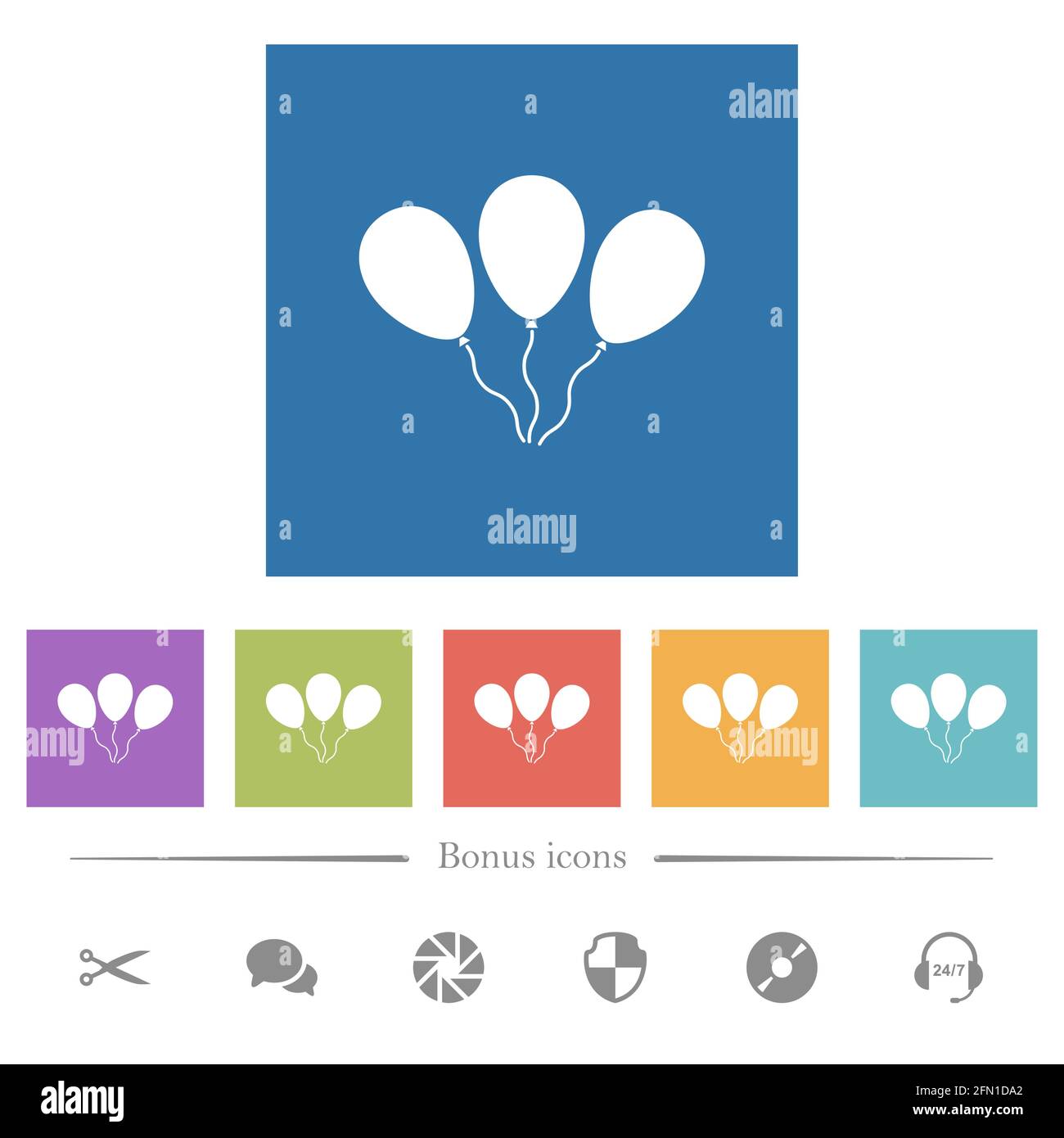 Three balloons flat white icons in square backgrounds. 6 bonus icons ...
