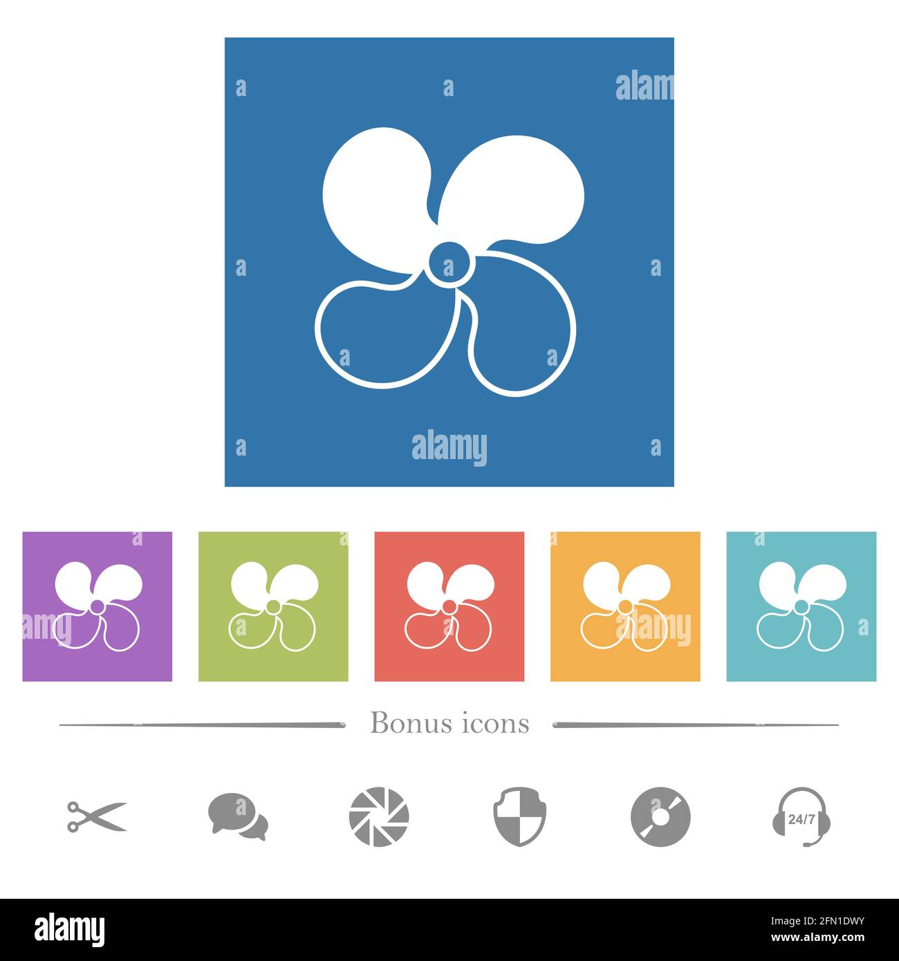 Car fan level 2 flat white icons in square backgrounds. 6 bonus icons ...