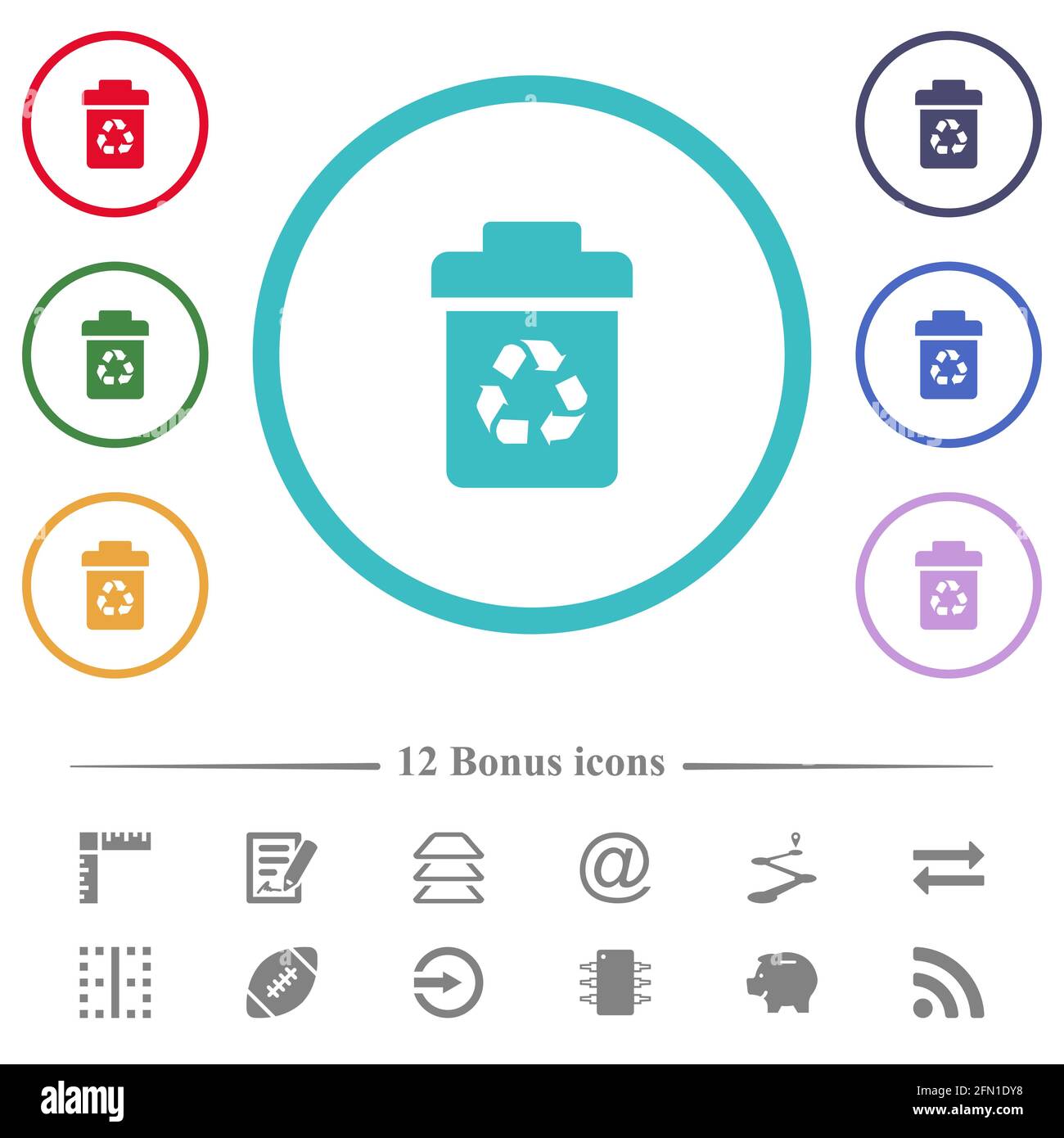 Recycle bin flat color icons in circle shape outlines. 12 bonus icons ...