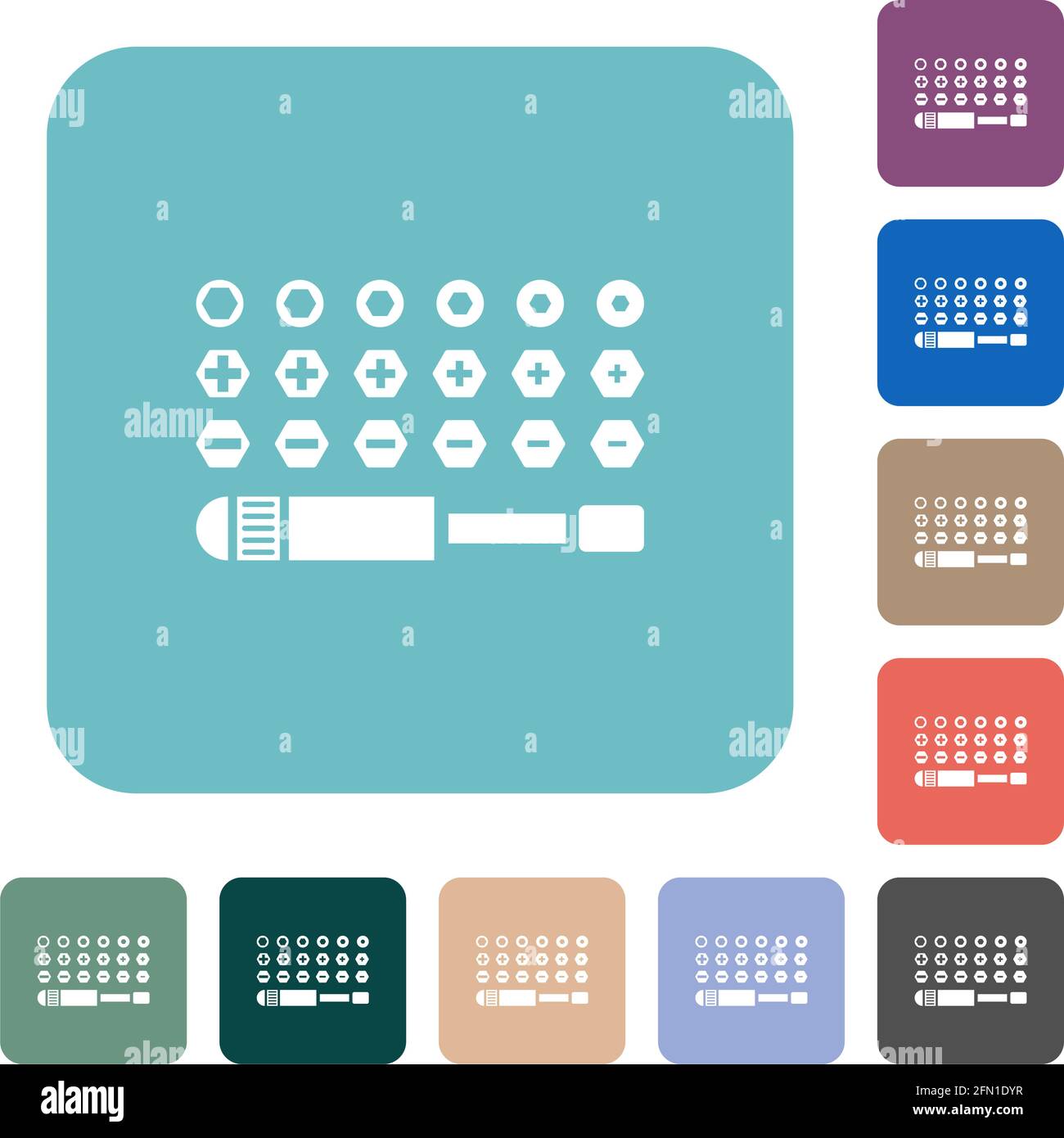 Set of screwdriver bits white flat icons on color rounded square ...