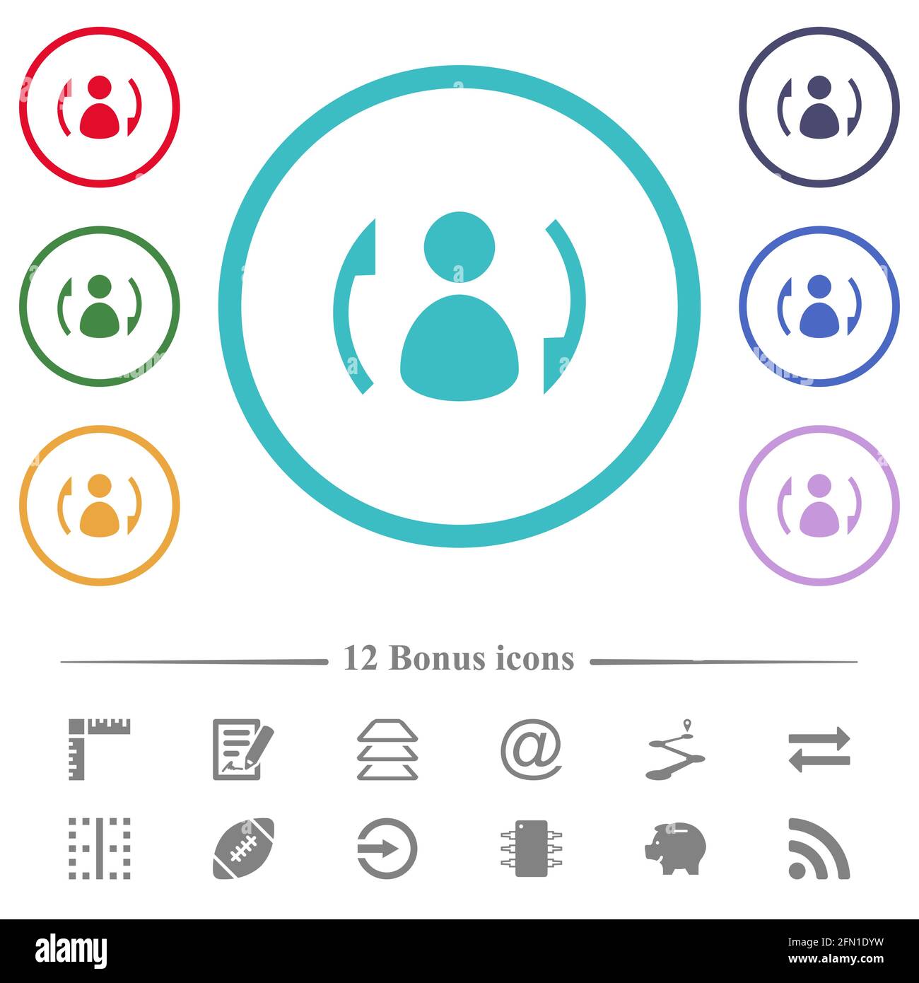 Syncronize contacts flat color icons in circle shape outlines. 12 bonus icons included Stock ...