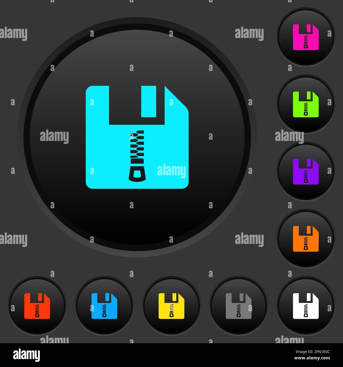 Compressed file dark push buttons with vivid color icons on dark grey ...