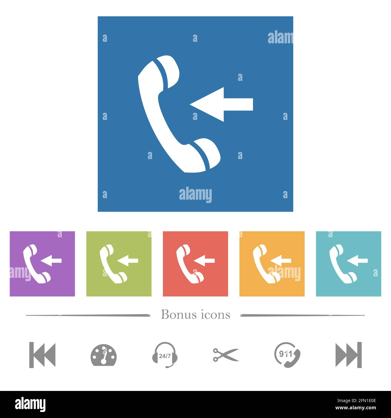Incoming phone call flat white icons in square backgrounds. 6 bonus ...