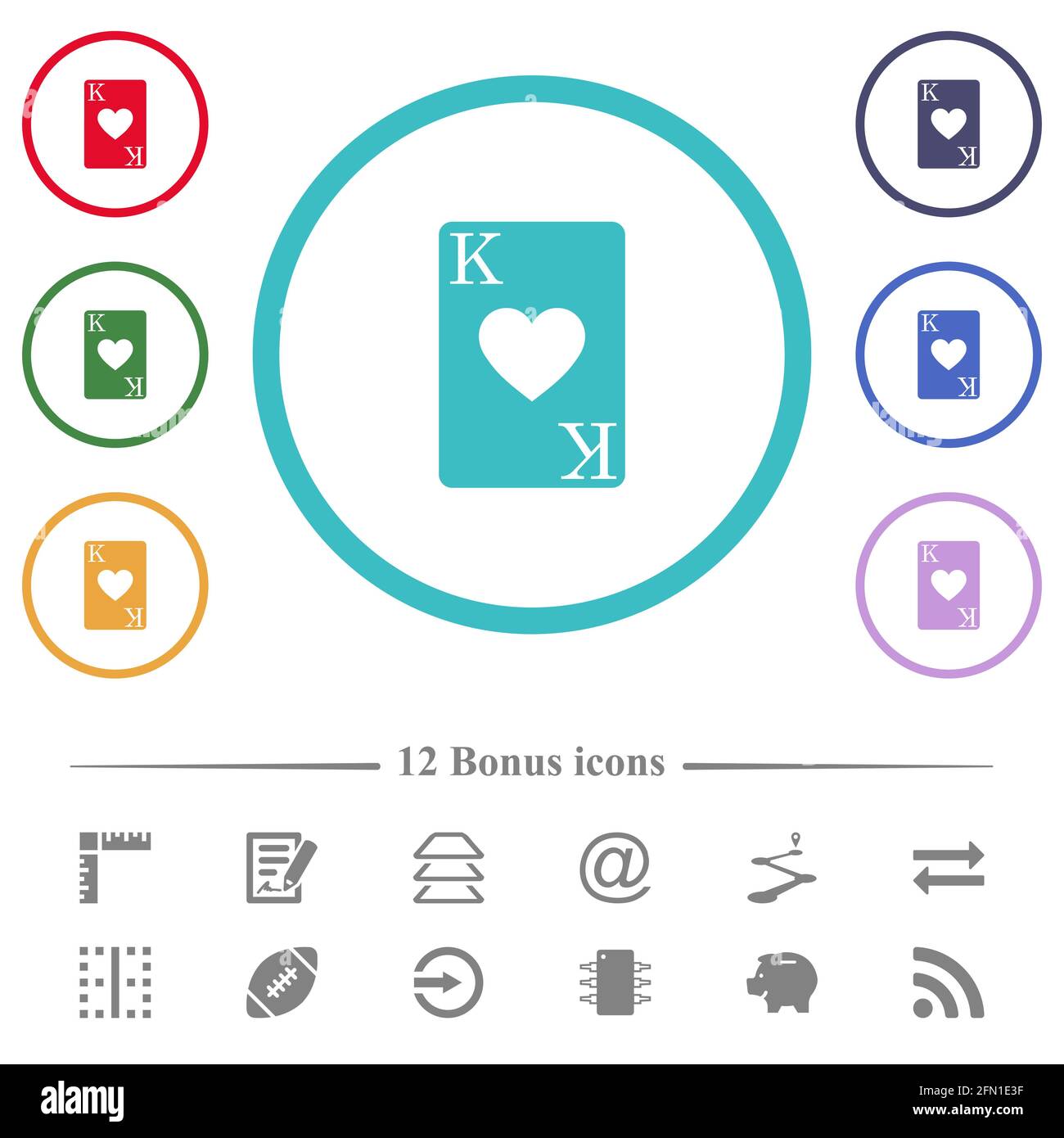 King of hearts card flat color icons in circle shape outlines. 12 bonus ...