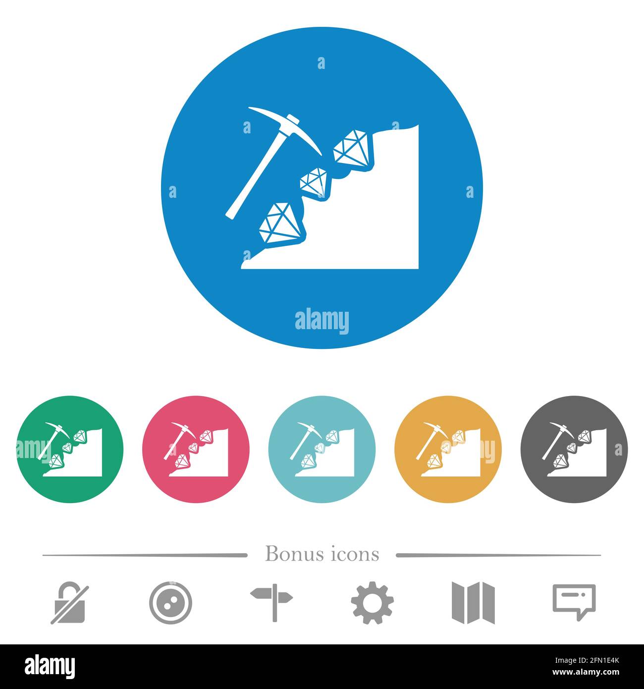 Diamond mining flat white icons on round color backgrounds. 6 bonus ...