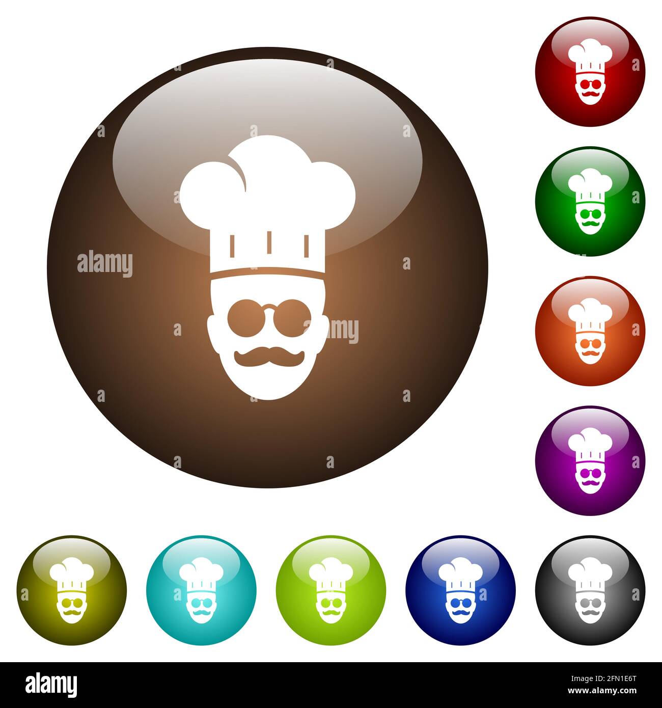 master chef with glasses and mustache white icons on round glass ...