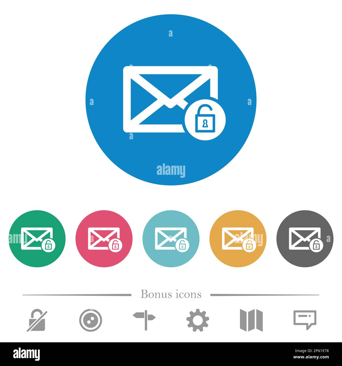 Unlock mail flat white icons on round color backgrounds. 6 bonus icons ...
