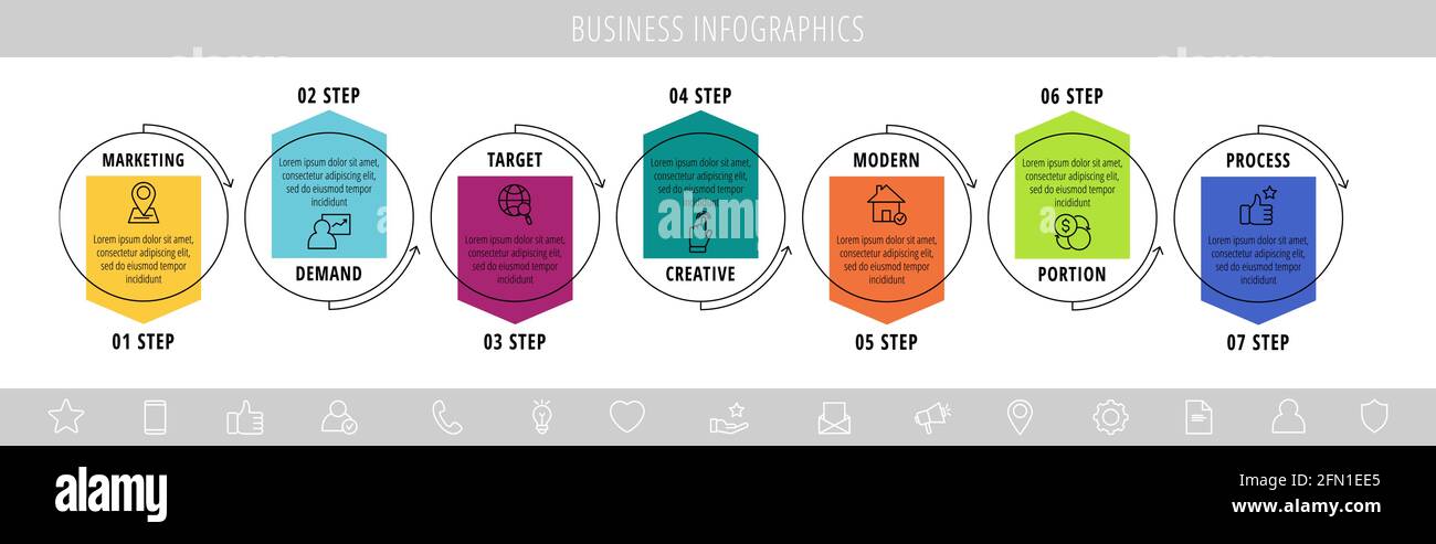 Vector infographics seven circles with arrows. Line business concept of ...