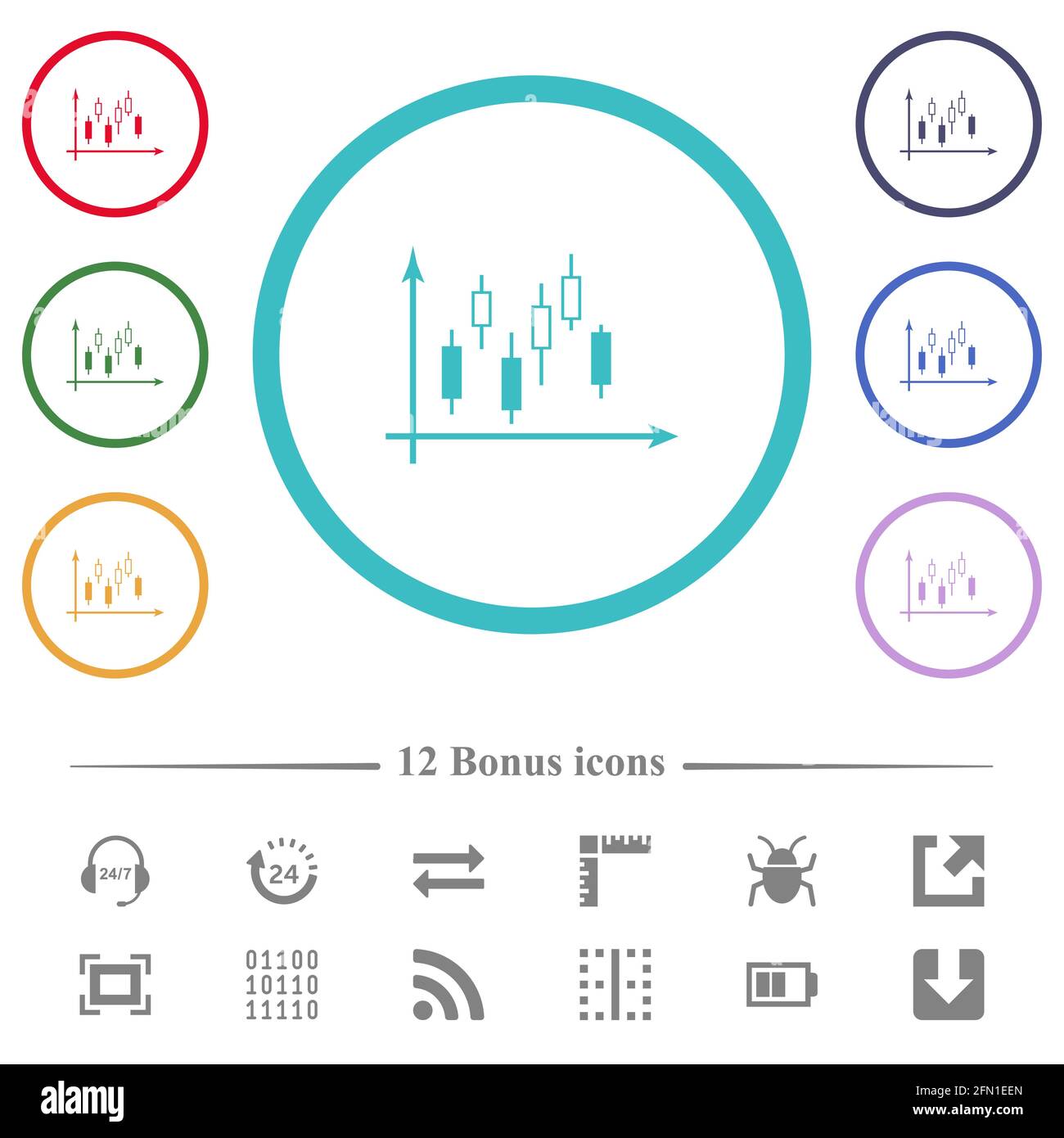 Candlestick graph with axes flat color icons in circle shape outlines ...