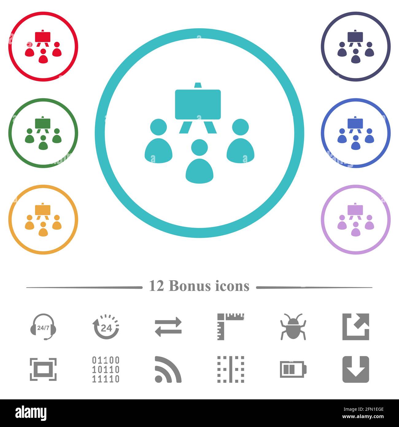 Classroom flat color icons in circle shape outlines. 12 bonus icons ...
