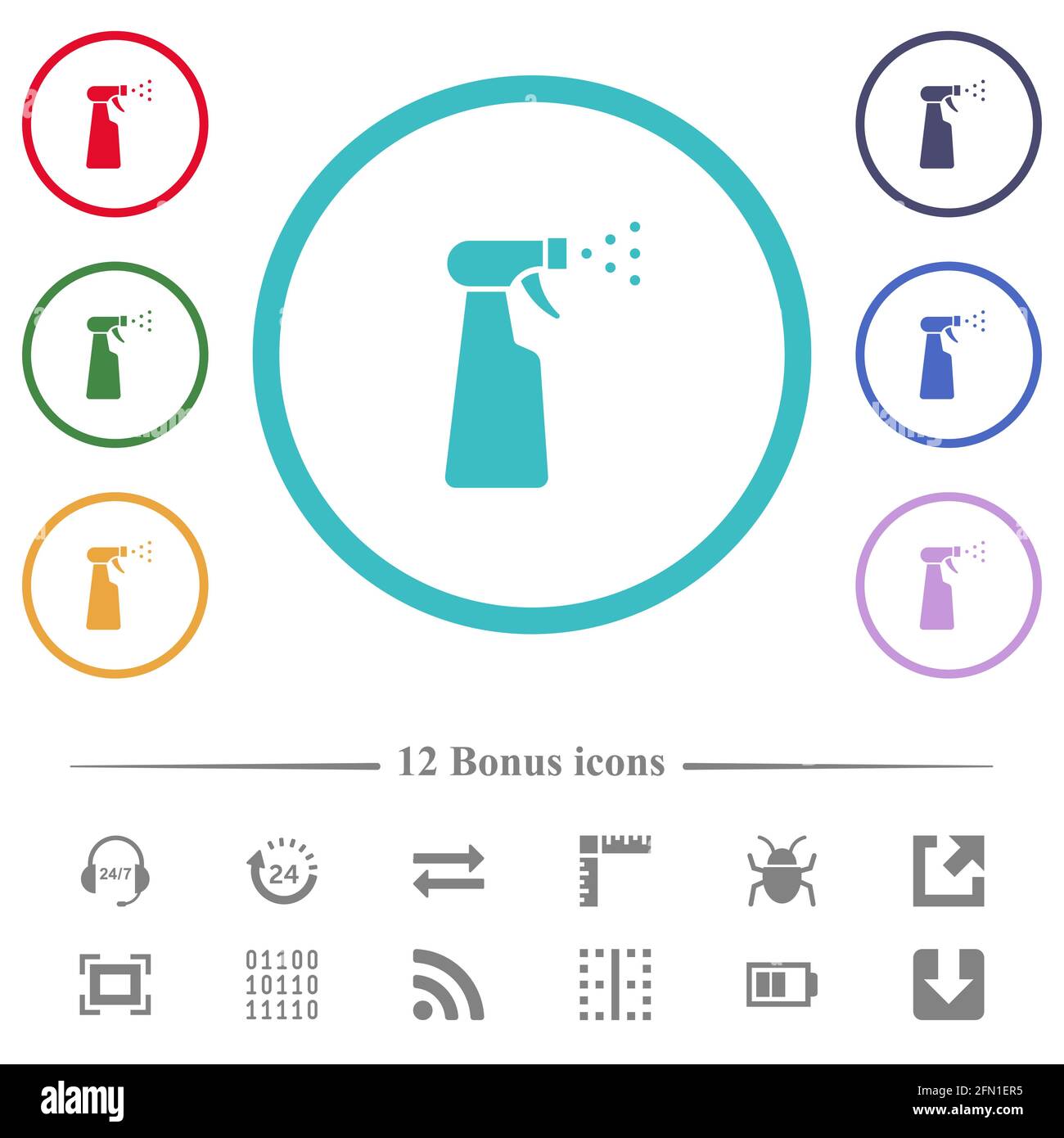 Spray bottle flat color icons in circle shape outlines. 12 bonus icons ...
