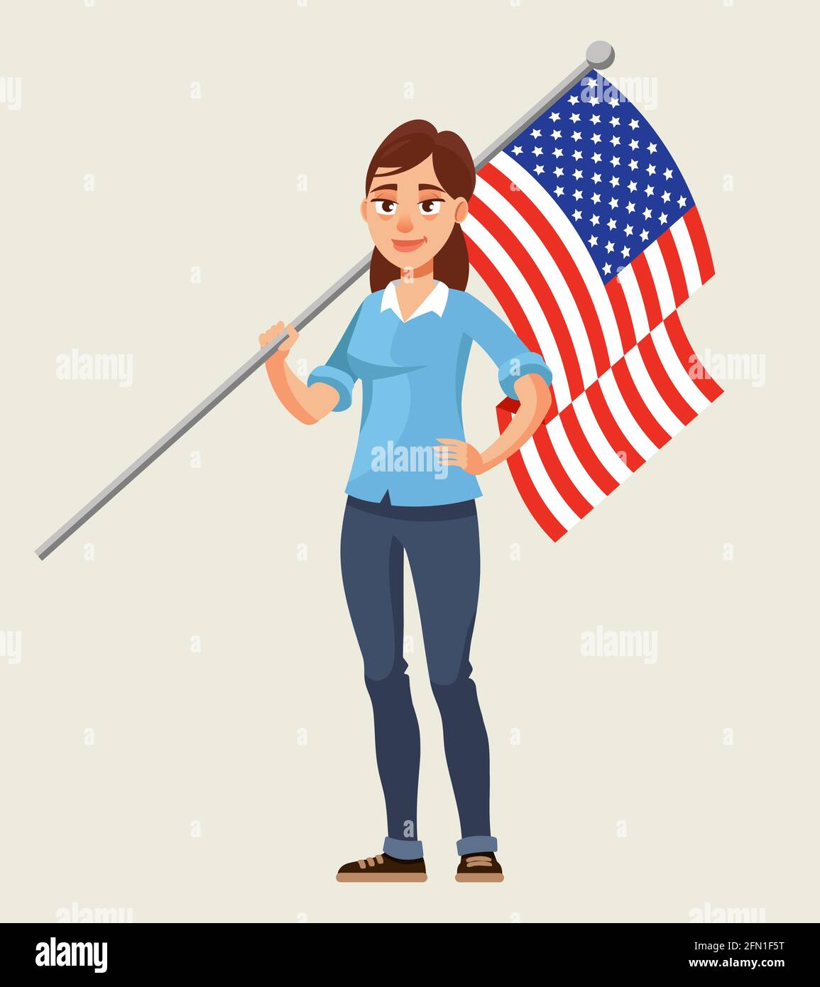 Woman holding american flag on his shoulder. Female person in cartoon ...